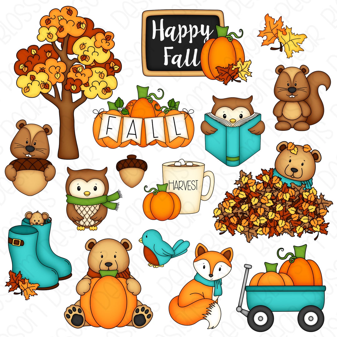 Happy Fall Clipart Set - Hand Drawn Digital Clipart - Squirrel, Bear ...