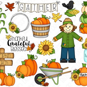 Harvest Hand Drawn Digital Clipart - Set of 16 - Scarecrow Sunflower ...