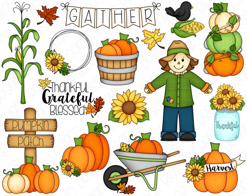 Harvest Hand Drawn Digital Clipart - Set of 16 - Scarecrow Sunflower ...