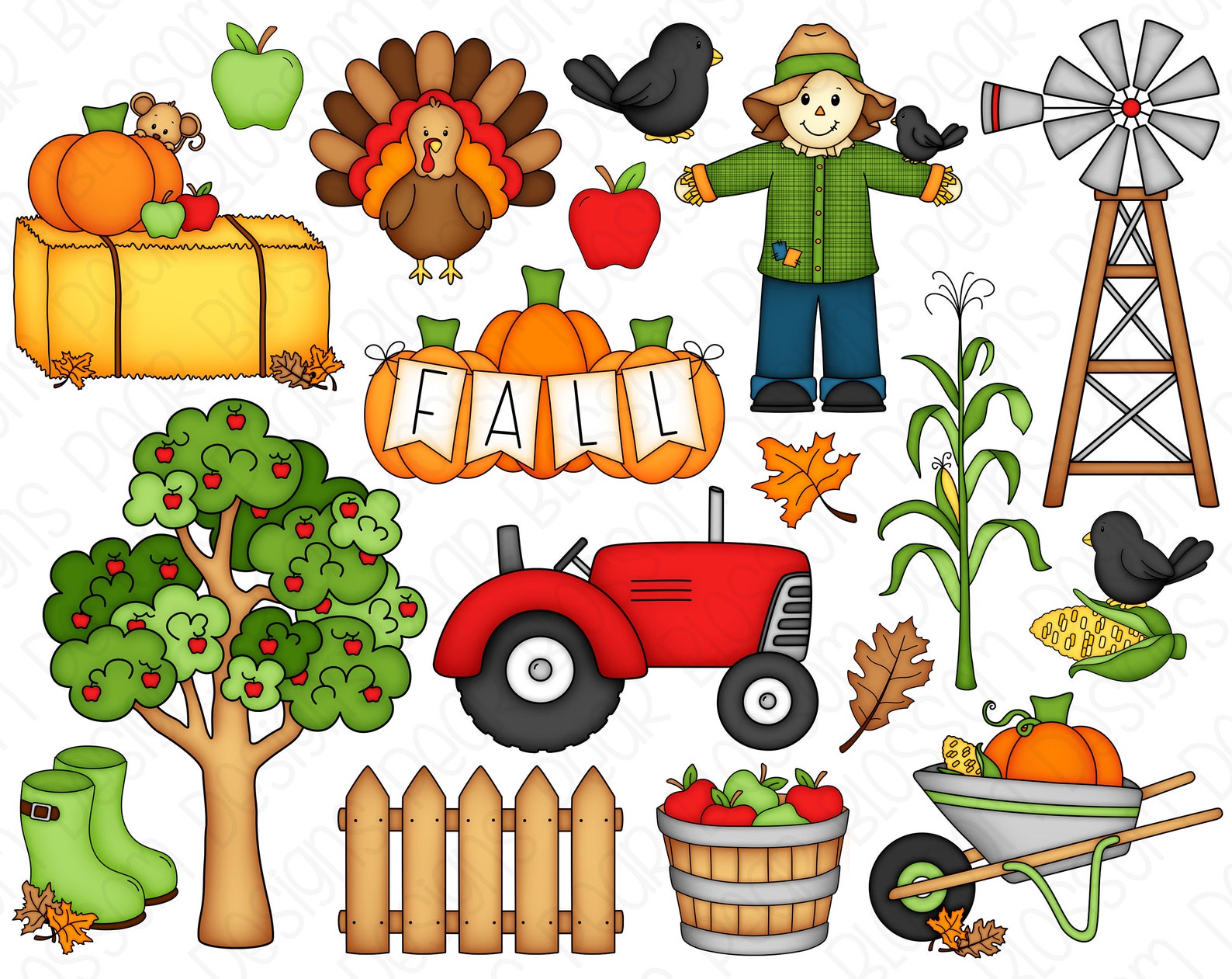 Fall Farm Clipart Set Hand Drawn Digital Clipart Fall | Etsy