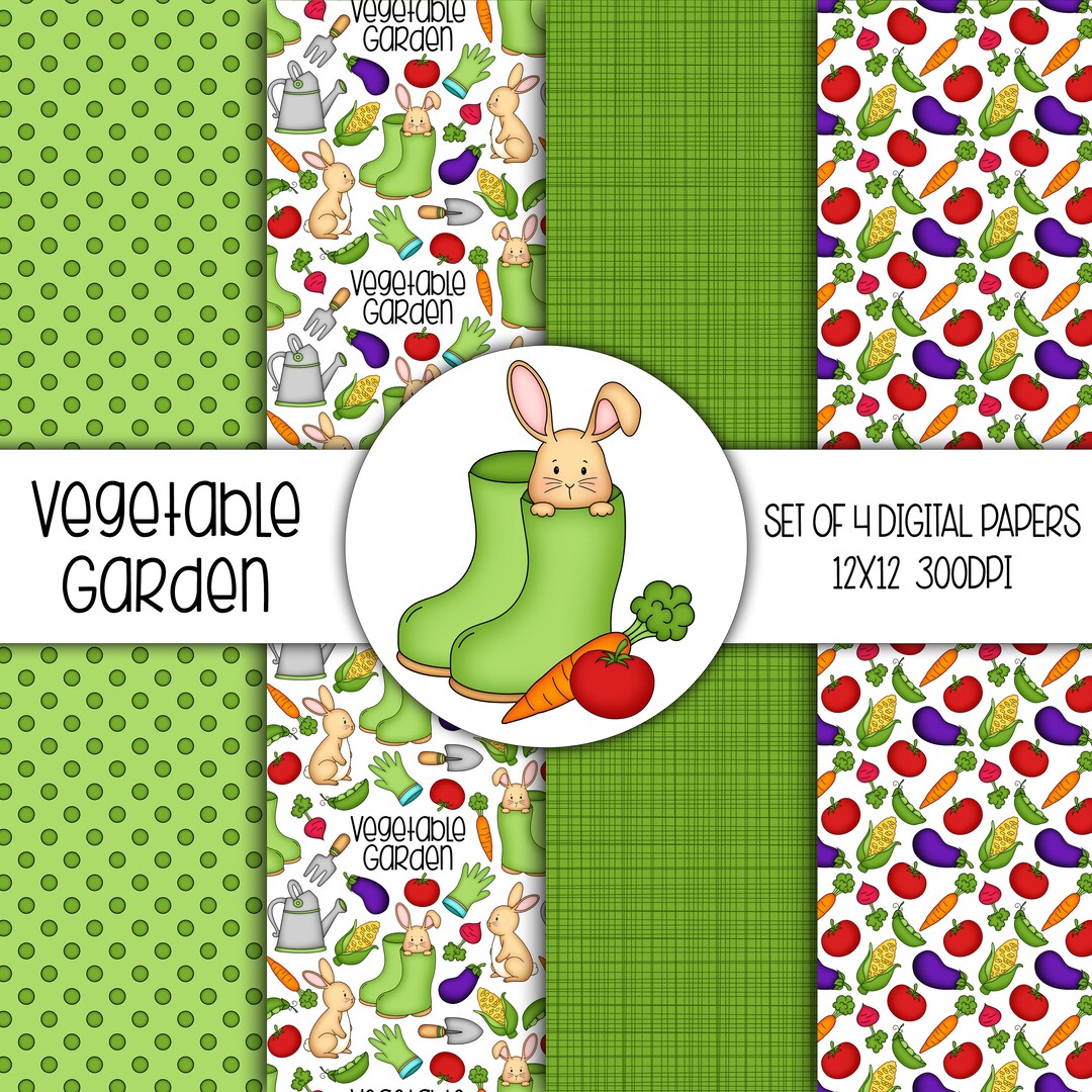 Vegetable Garden Hand Drawn Digital Paper Mini Pack - Set of 4 - Bunny ...