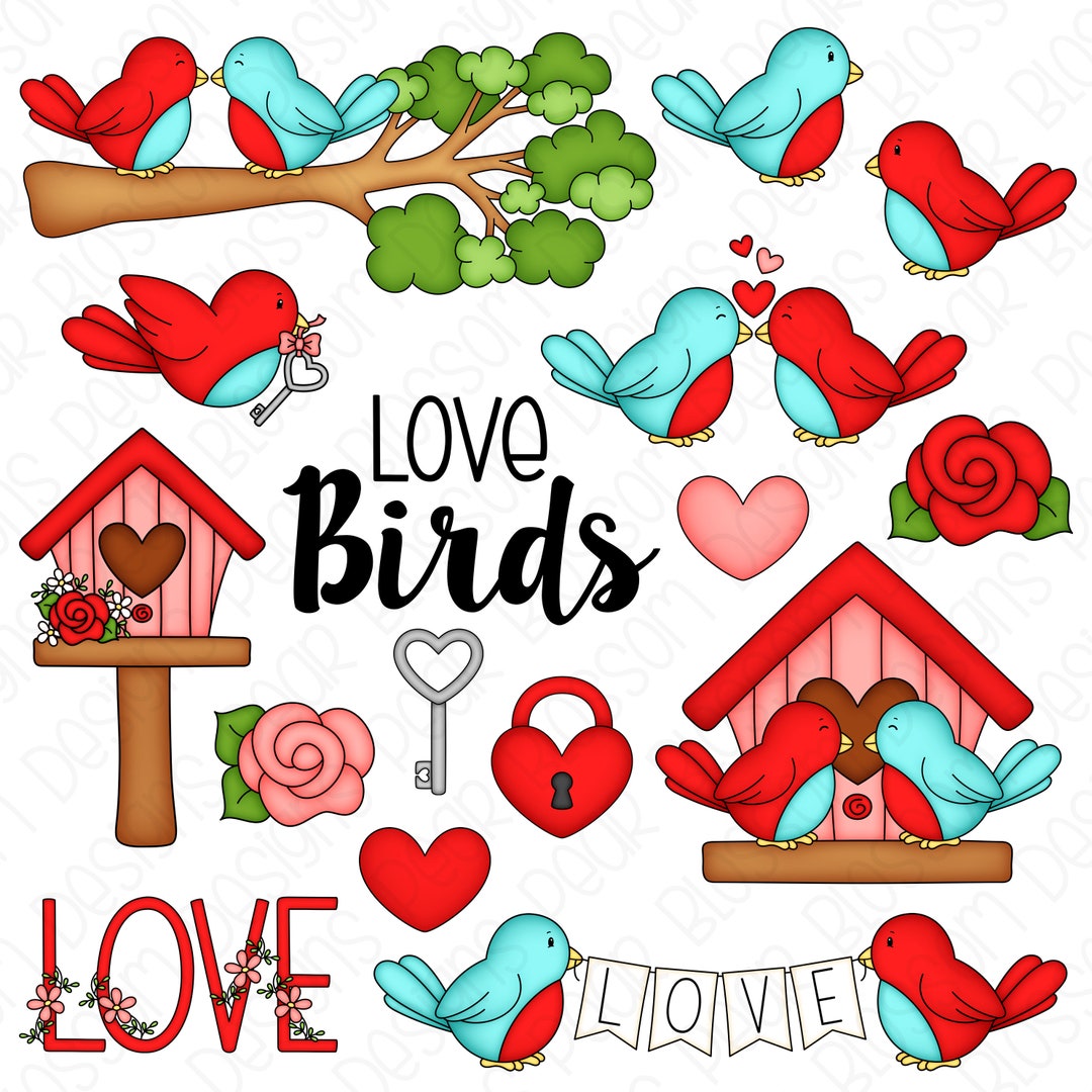 Valentine Love Birds Hand Drawn Digital Clipart - Set of 16 - Instant ...