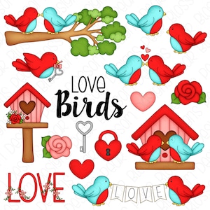 Valentine Love Birds Hand Drawn Digital Clipart - Set of 16 - Instant ...