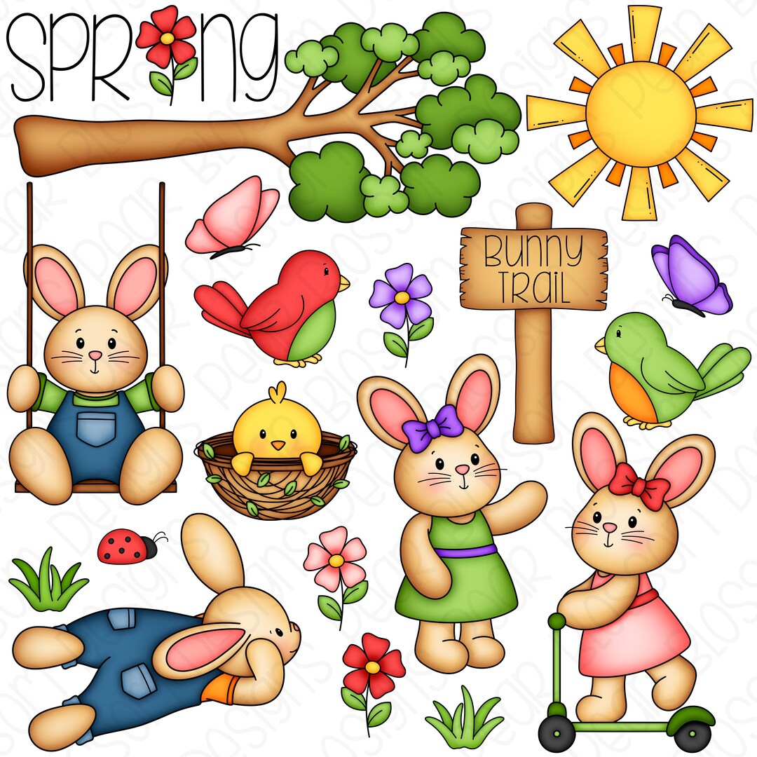 Spring Bunnies Hand Drawn Digital Clipart - Set of 19 - Instant ...