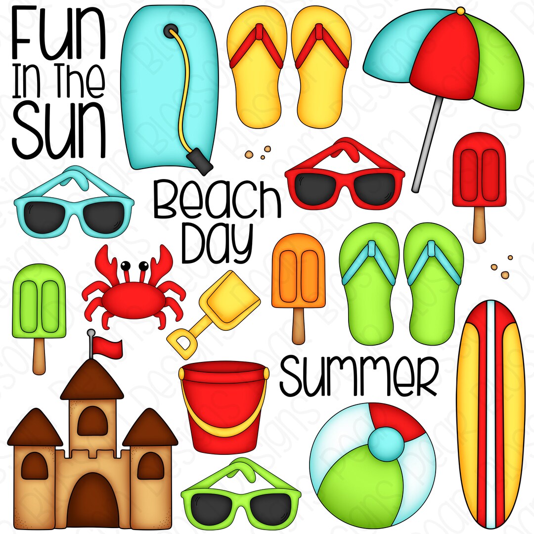 Beach Days Red Digital Clipart - Set of 23 - Surfboard, Flip Flops ...