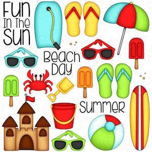 Beach Days Red Digital Clipart - Set of 23 - Surfboard, Flip Flops ...