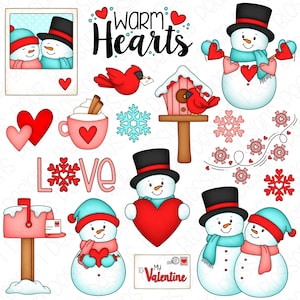 Snowman Valentine Hand Drawn Digital Clipart - Set of 17 - Snowman ...