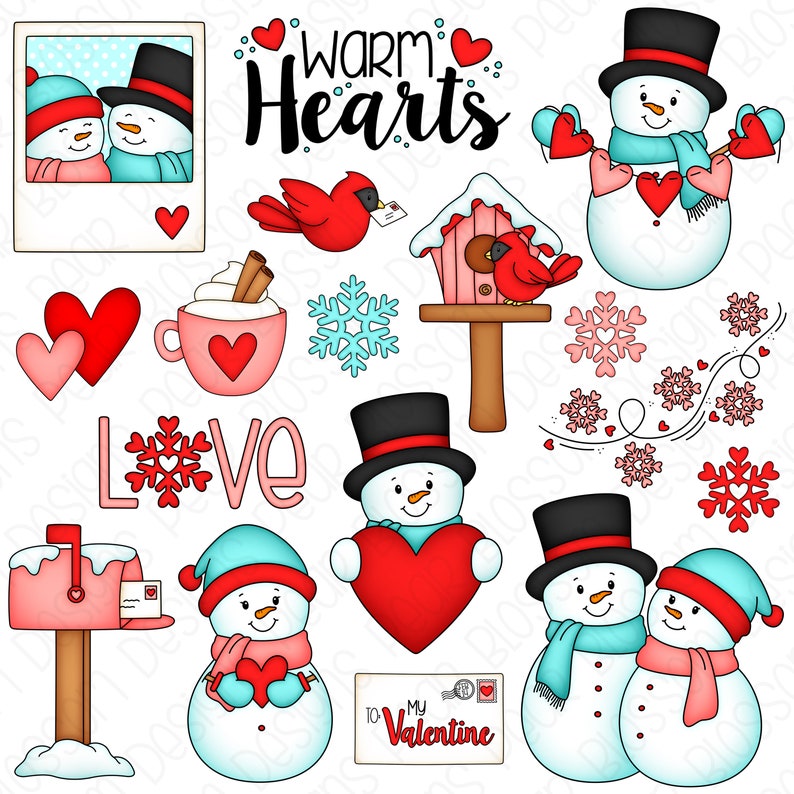 Snowman Valentine Hand Drawn Digital Clipart Set of 17 - Etsy
