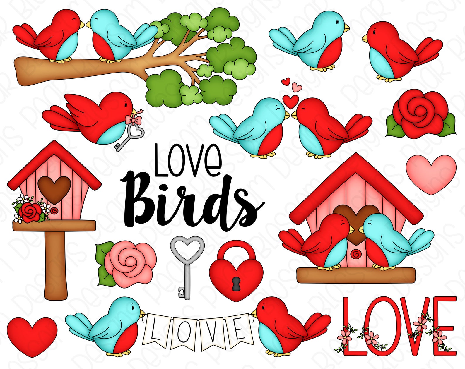 Valentine Love Birds Hand Drawn Digital Clipart Set of 16 | Etsy