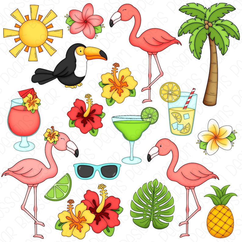 Tropical Summer Digital Clipart Set of 18 Flamingo | Etsy