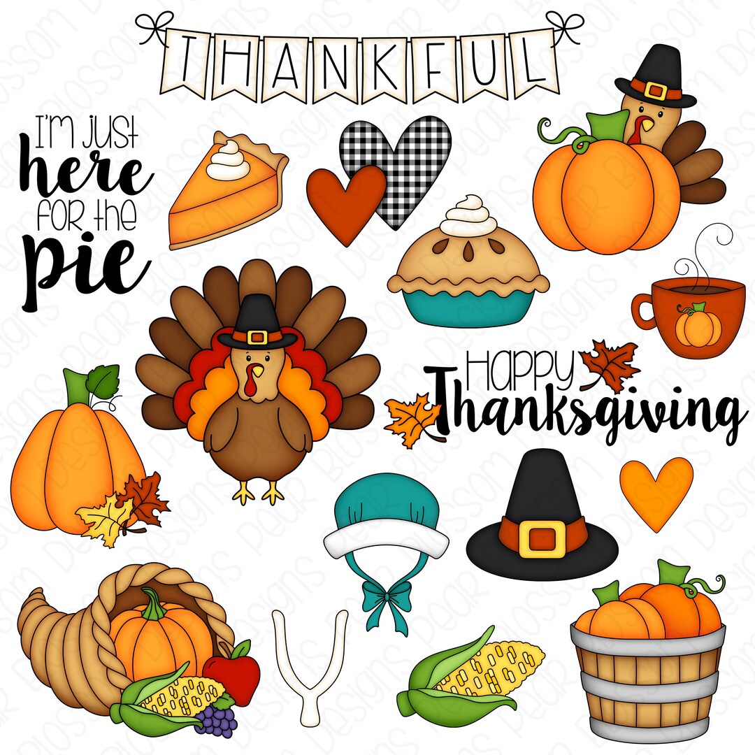 Thanksgiving Hand Drawn Digital Clipart - Set of 17 - Turkey Pilgrim ...