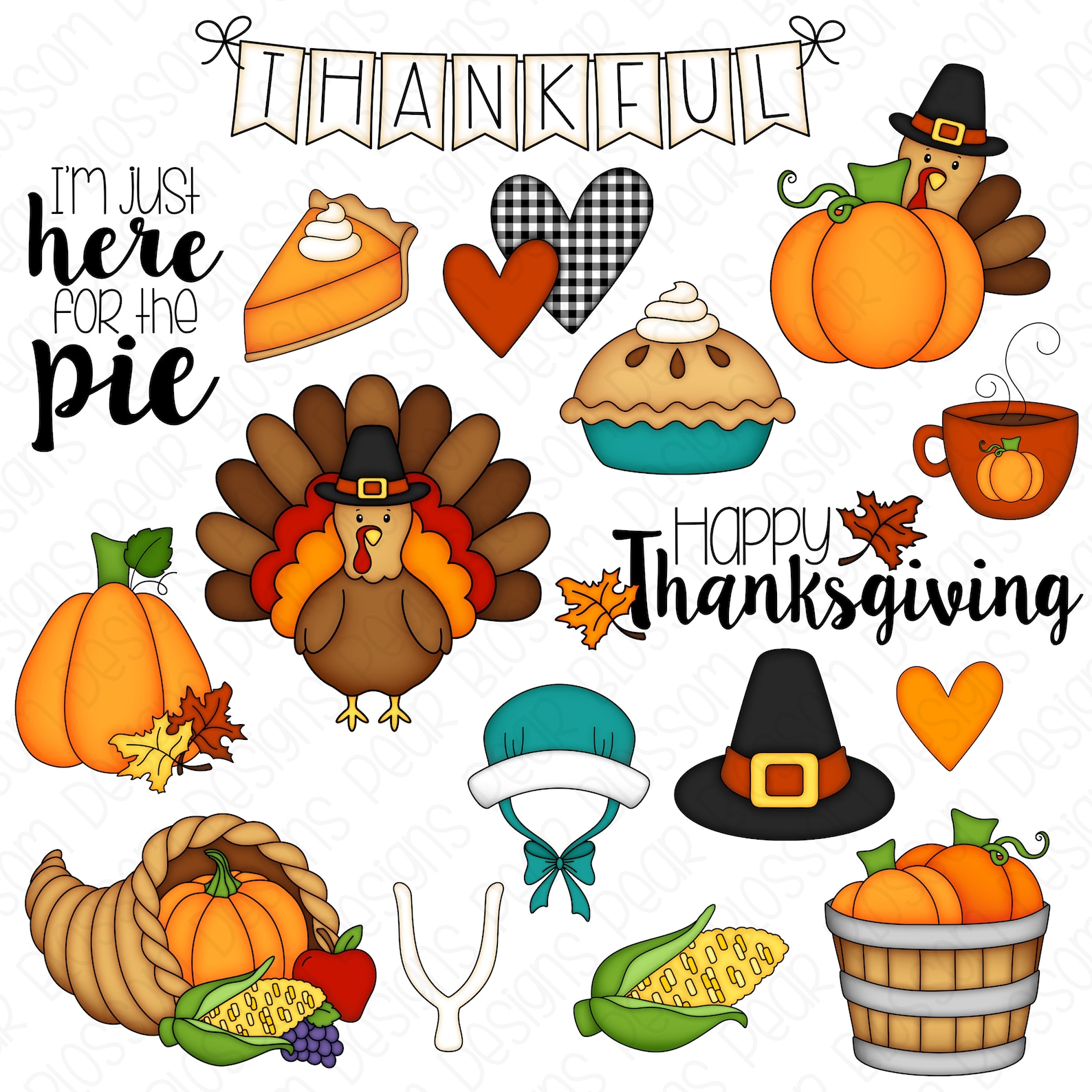 Thanksgiving Hand Drawn Digital Clipart - Set of 17 - Turkey Pilgrim ...