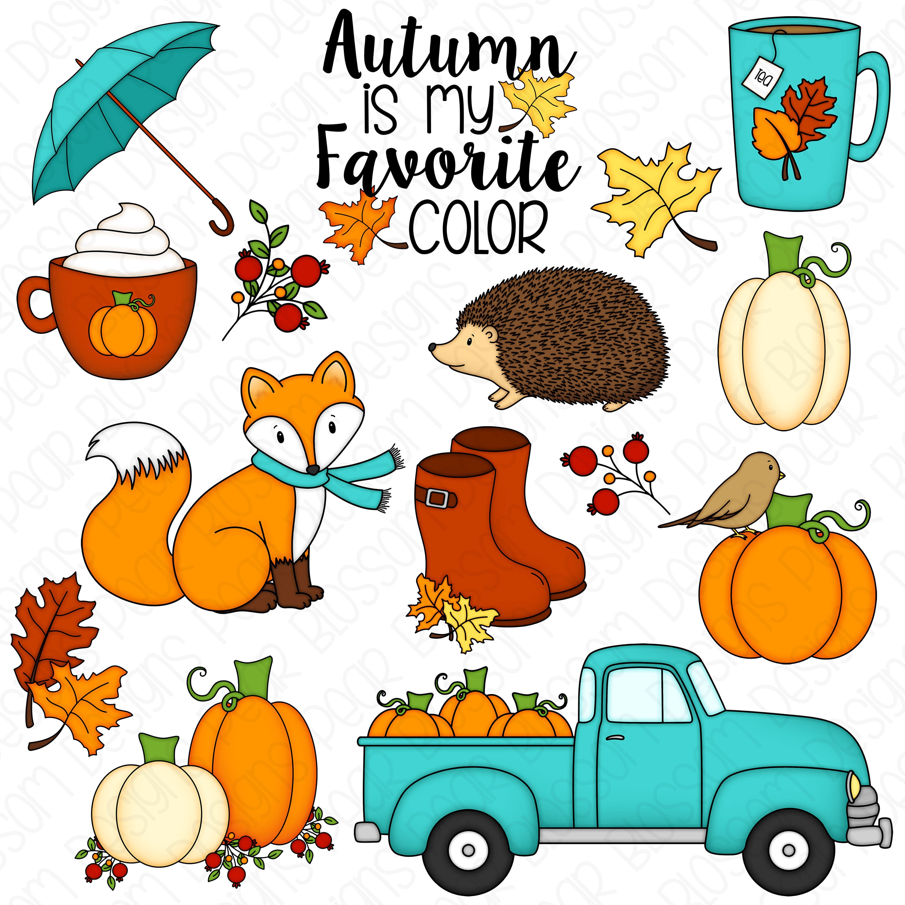 Autumn Hand Drawn Digital Clipart - Set of 15 - Autumn Fall Leaves ...