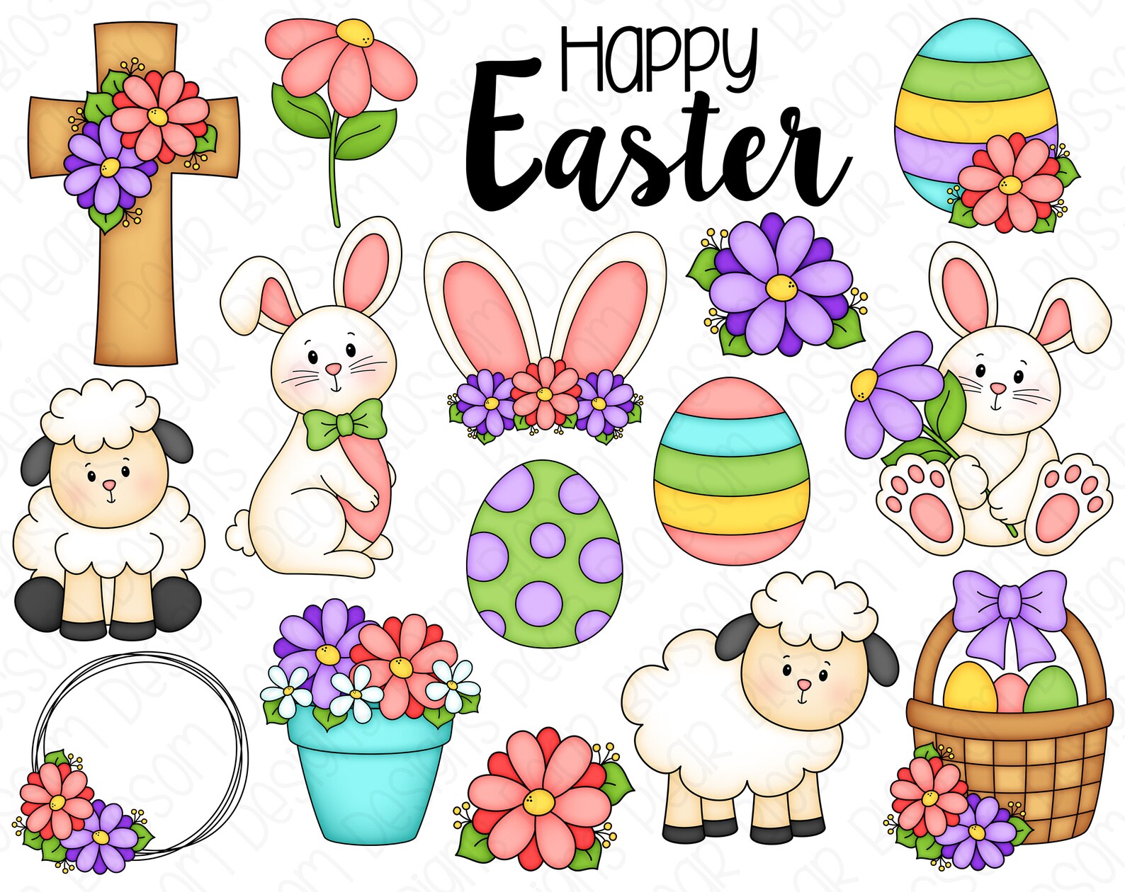 Floral Easter Clipart Set - Hand Drawn Digital Clipart - Easter Bunny ...