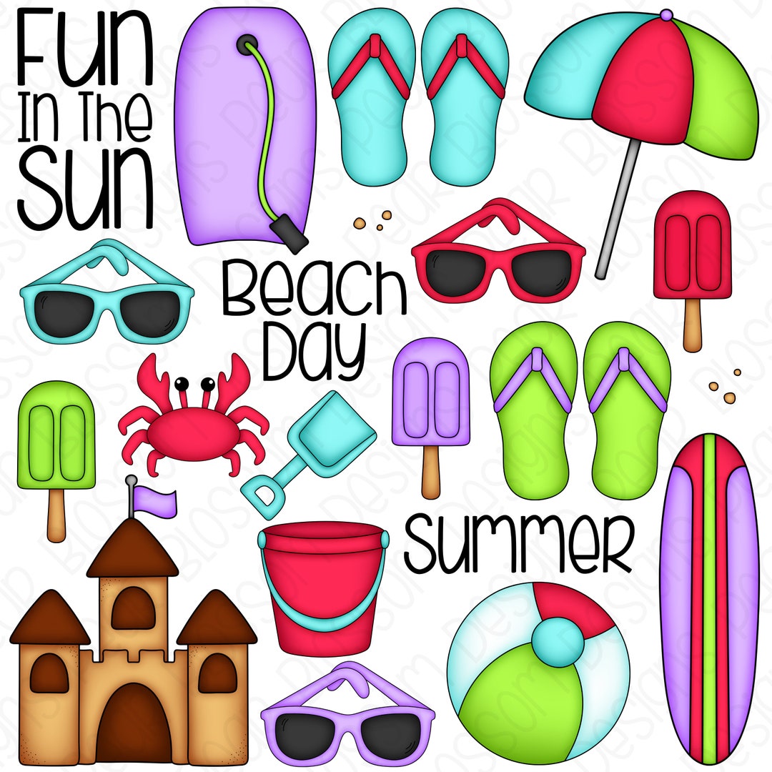 Beach Days Pink Digital Clipart - Set of 23 - Surfboard, Flip Flops ...