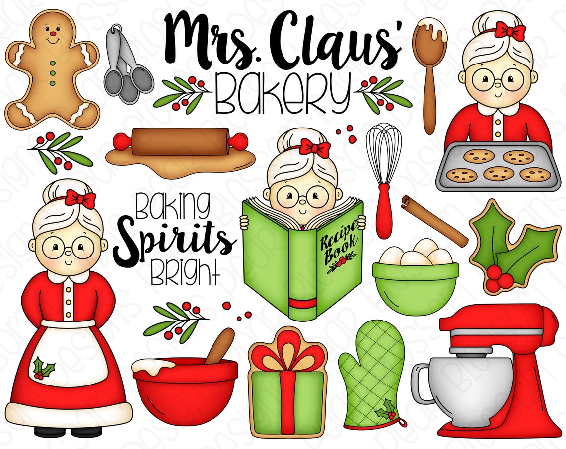 Mrs. Claus' Bakery Christmas Clipart Set - Hand Drawn Digital Clipart ...