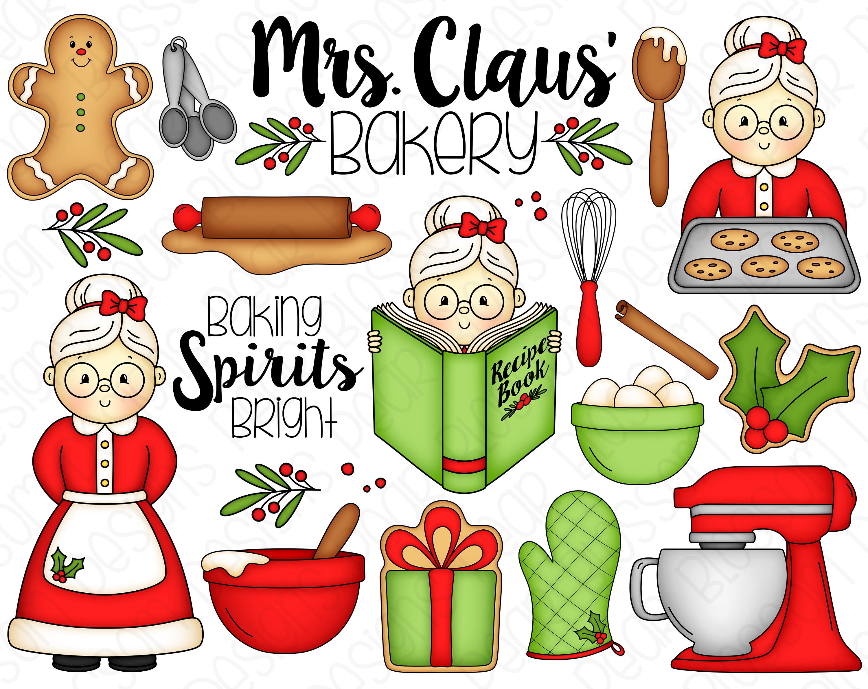 Mrs. Claus' Bakery Christmas Clipart Set - Hand Drawn Digital Clipart ...