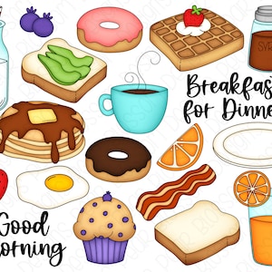 Breakfast Hand Drawn Digital Clipart - Set of 19 - Pancakes, Waffle ...