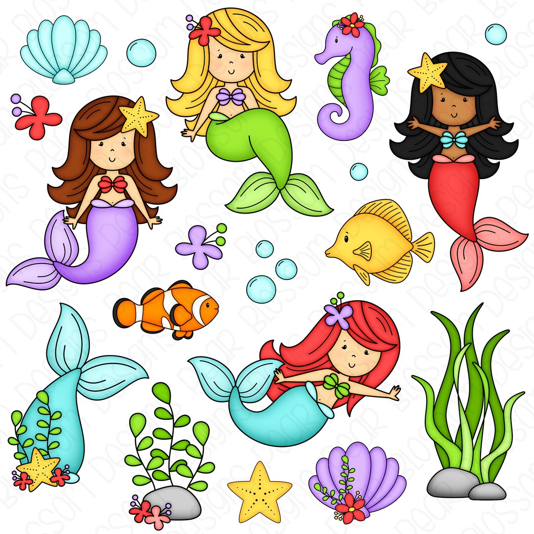 Under the Sea Mermaid Clipart Set - Hand Drawn Digital Clipart - Item ...