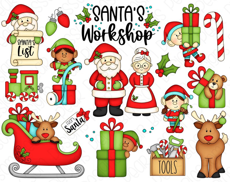 Santa's Workshop Christmas Clipart Set - Hand Drawn Digital Clipart ...