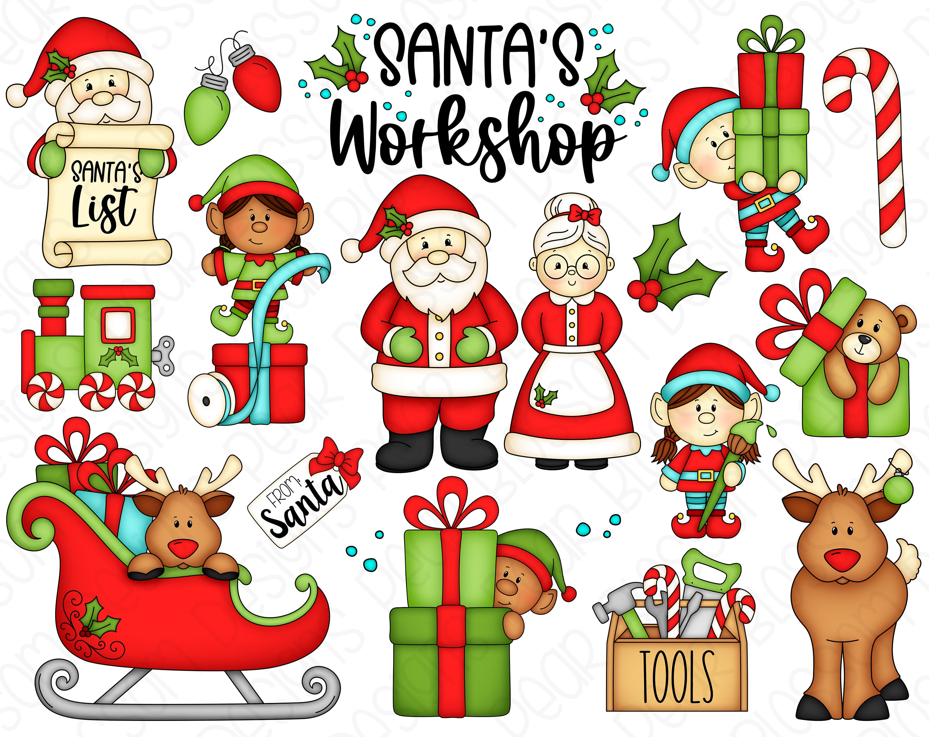 Santa's Workshop Christmas Clipart Set - Hand Drawn Digital Clipart ...