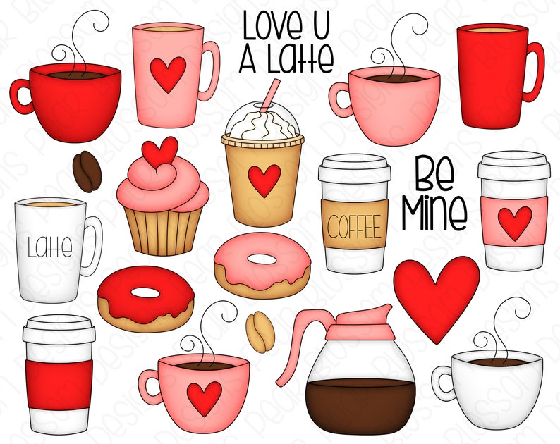 Valentine Coffee Hand Drawn Digital Clipart - Set of 20 - Latte ...