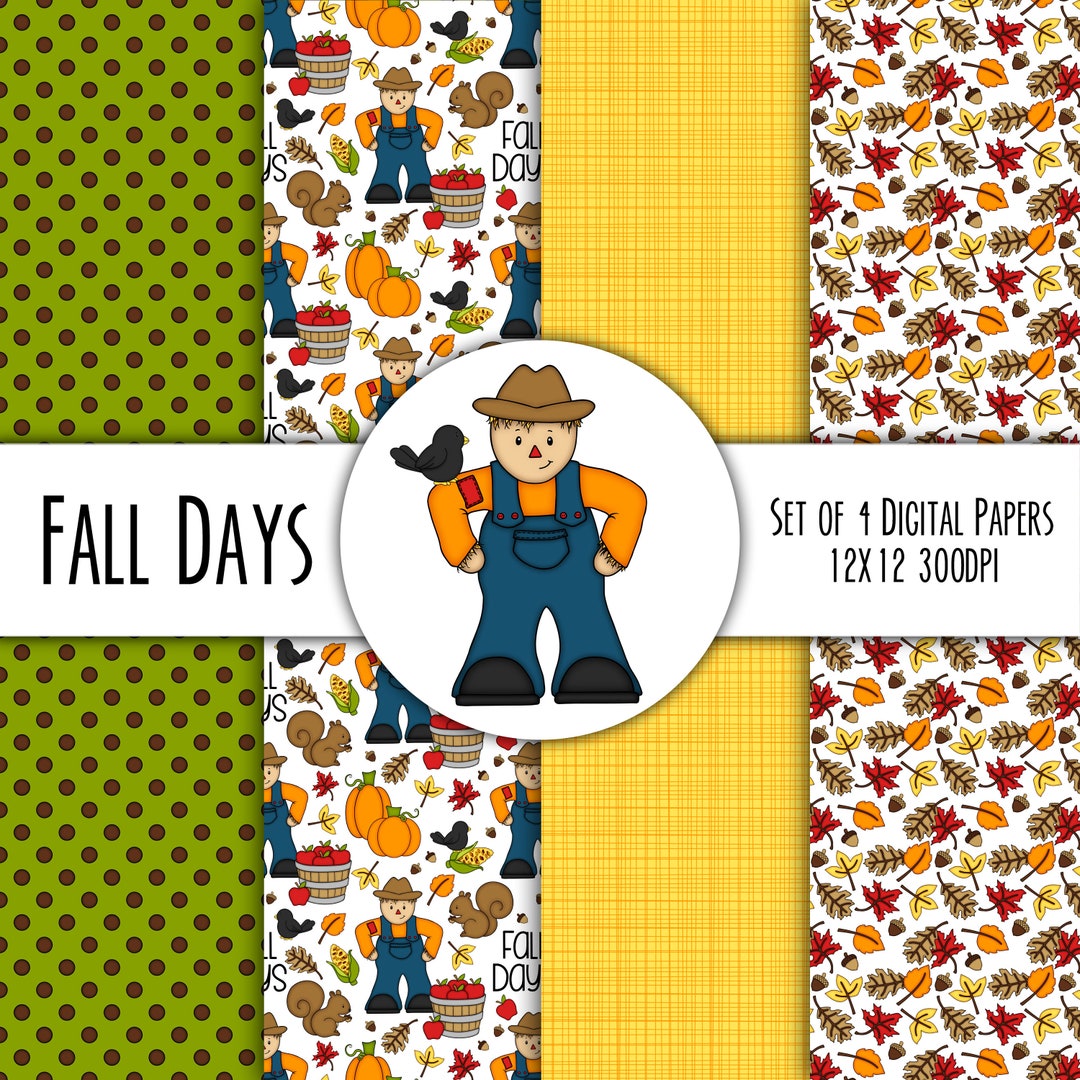 Fall Days Hand Drawn Digital Paper Mini Pack - Set of 4 - Scarecrow ...