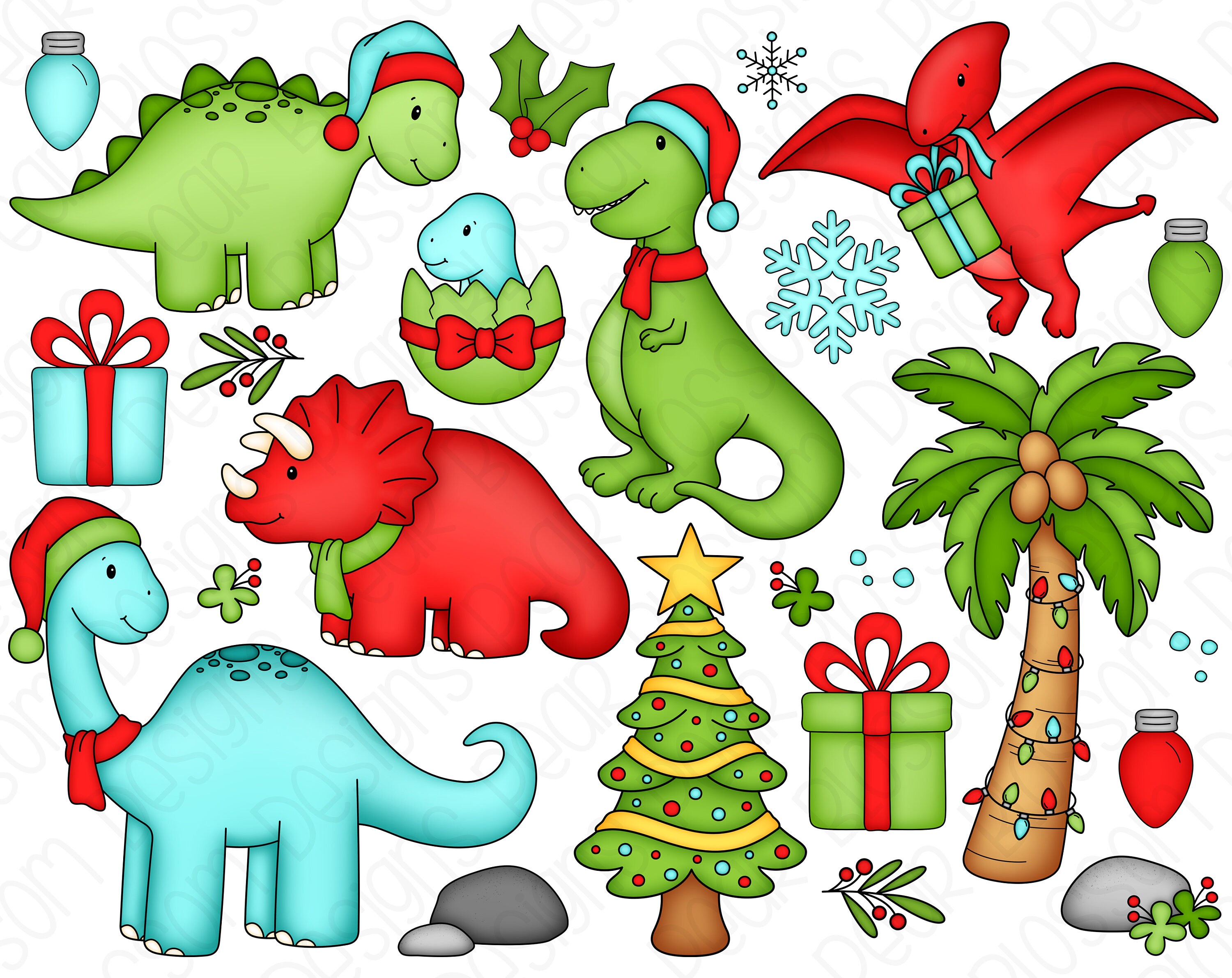 Christmas Dinosaurs Clipart Set - Hand Drawn Digital Clipart - Item ...