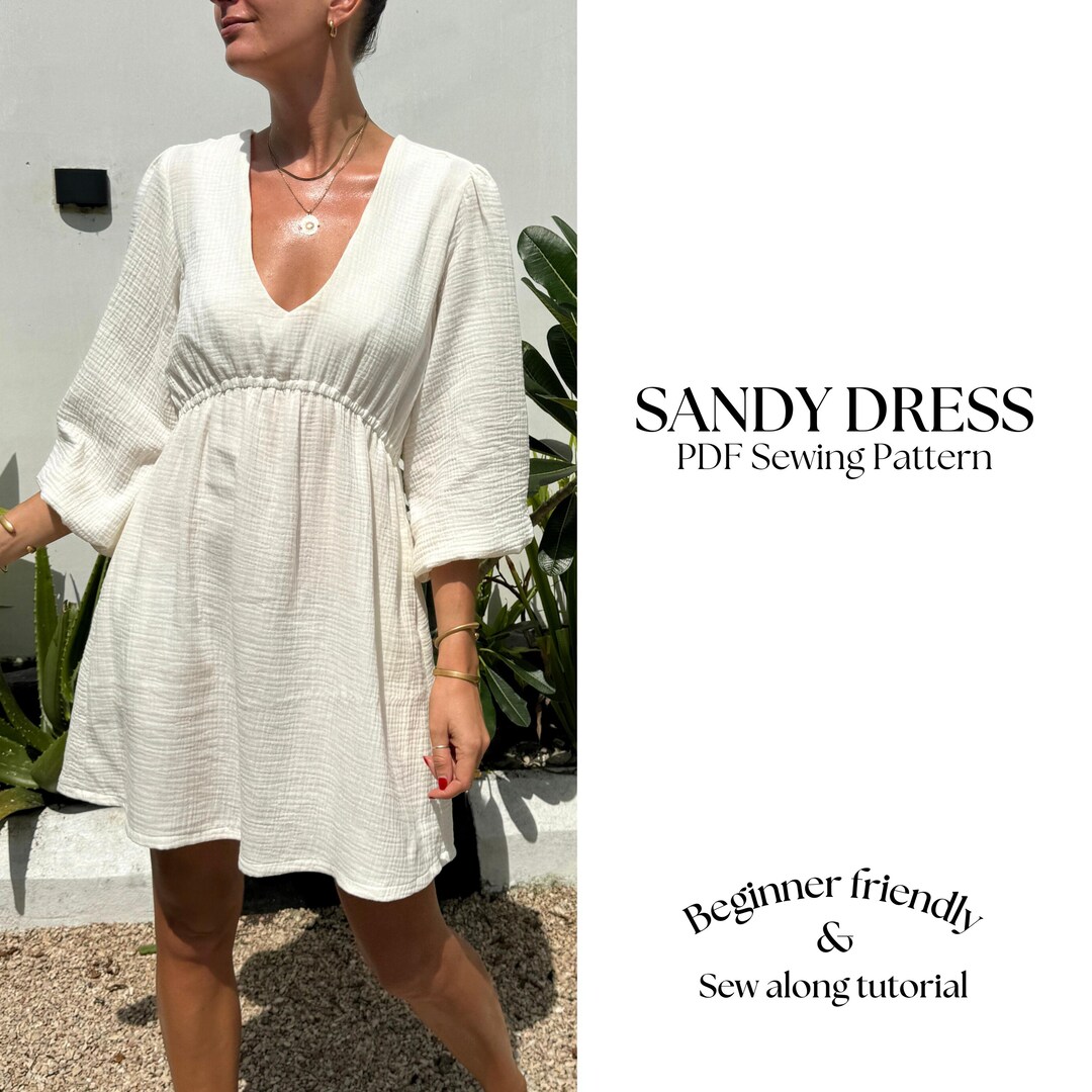 V-neck Mini Dress Digital PDF Pattern, Elasticated Bust, Pockets, Mini ...