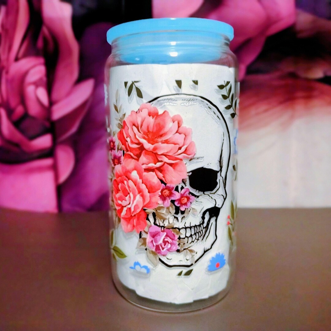 Skull With Flowers Clear Glass Cup 16oz Cup, Tumbler, Glass Skulls ...