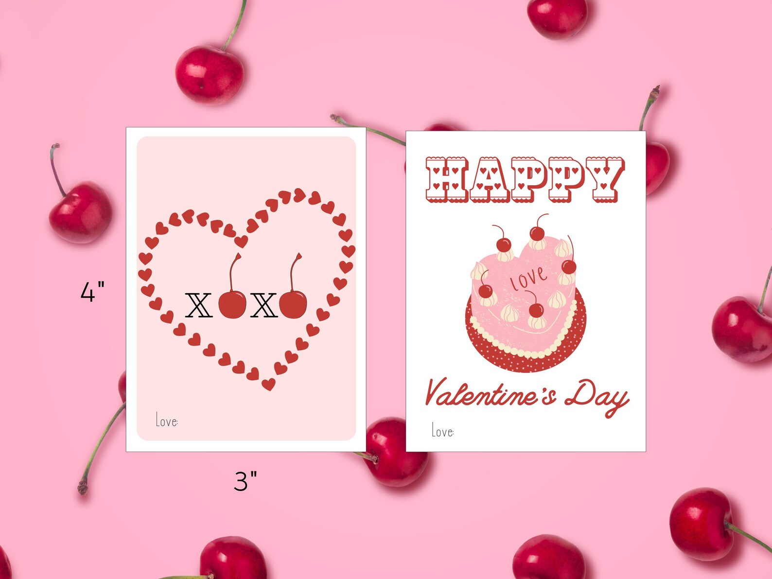 Cherry Valentines: Trendy Printable Cards, Set of 4 (PDF) - Etsy