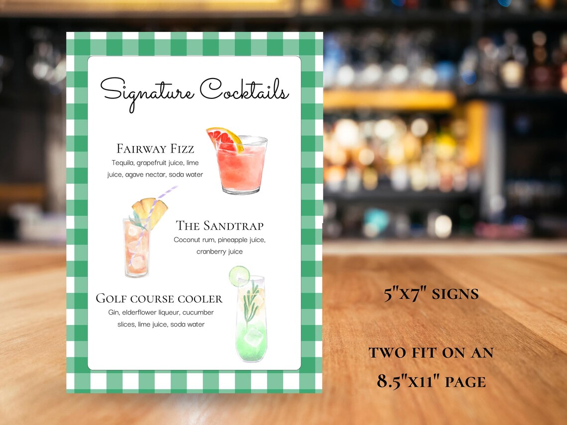 Golf Themed Cocktail Sign | Printable Signature Drinks Menu | Editable ...