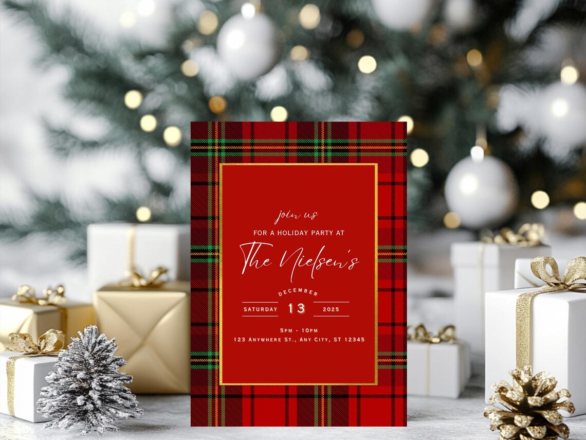 Holiday Party Invitations | Red Plaid Christmas Tartan Invite Digital ...
