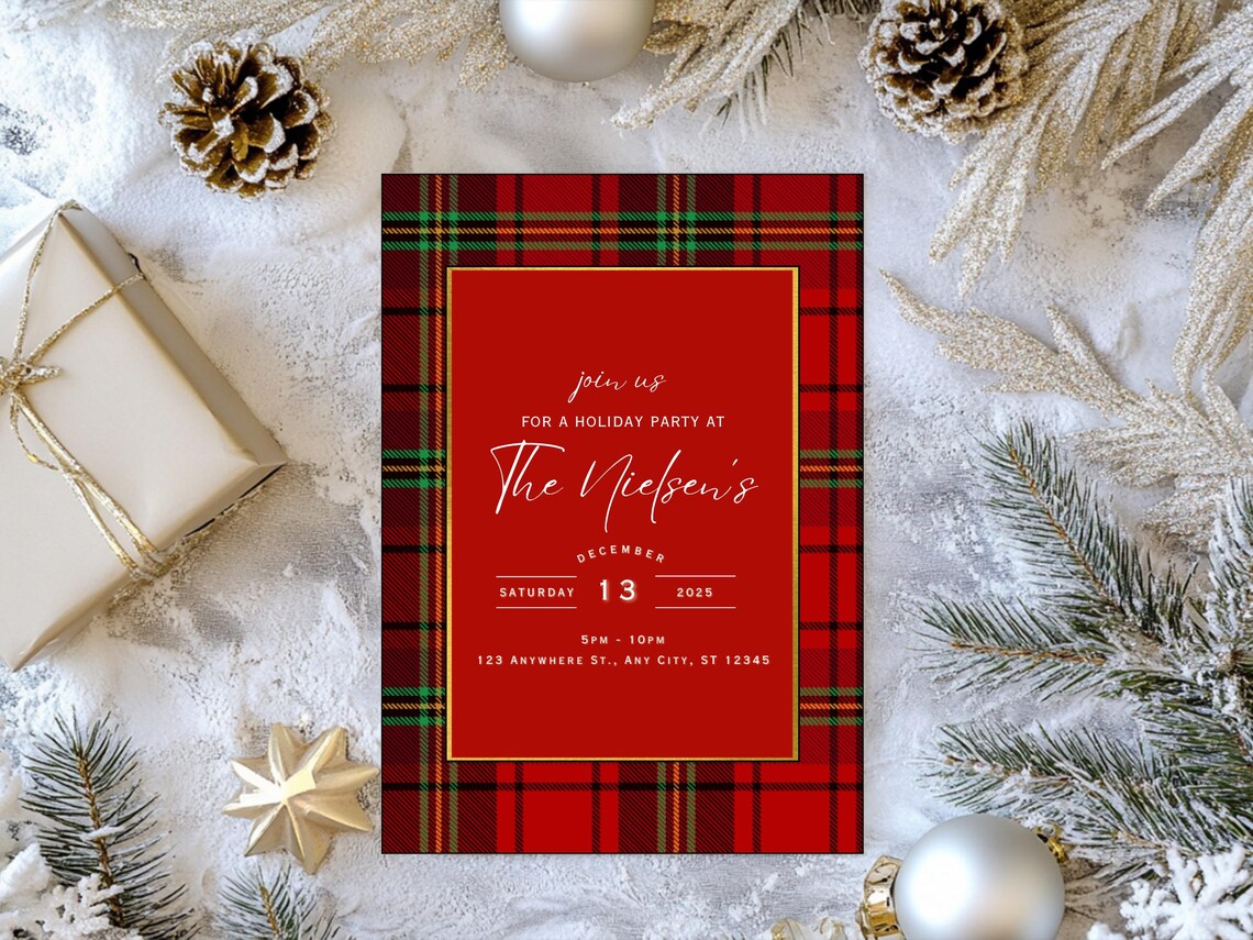 Holiday Party Invitations | Red Plaid Christmas Tartan Invite Digital ...