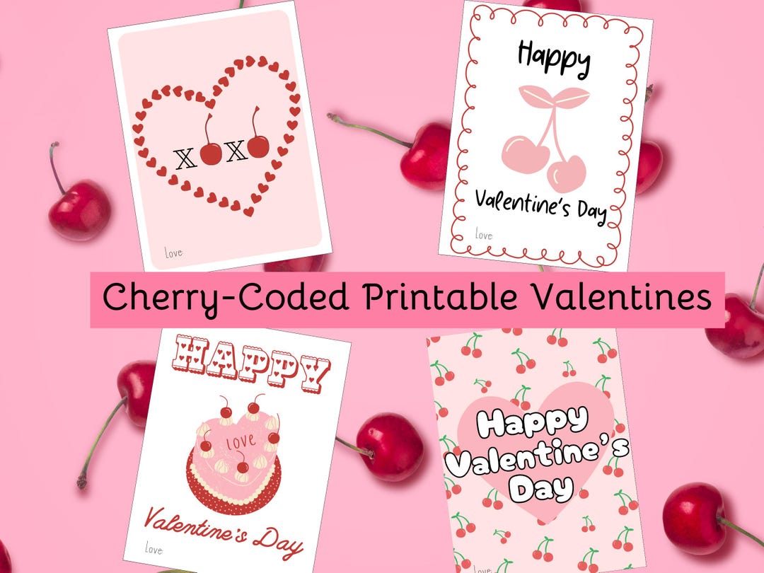 Cherry Coded Printable Valentines, Trendy Cherry Valentines, Cherry ...
