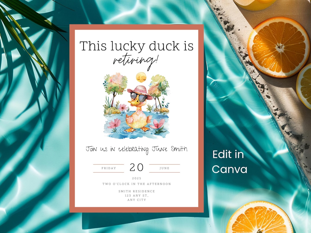 Funny Retirement Party Invitation: Lucky Duck Theme (editable Template ...