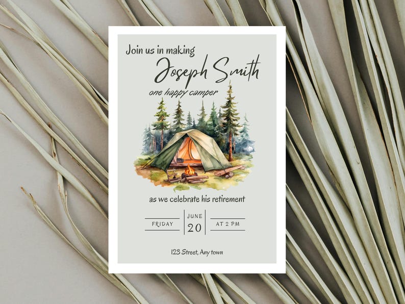 Camping Retirement Invitation: Rustic Happy Camper Party (digital ...