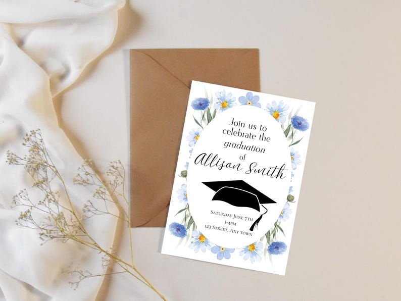 Printable Graduation Invitation Blue Floral Grad Announcement | DIY ...