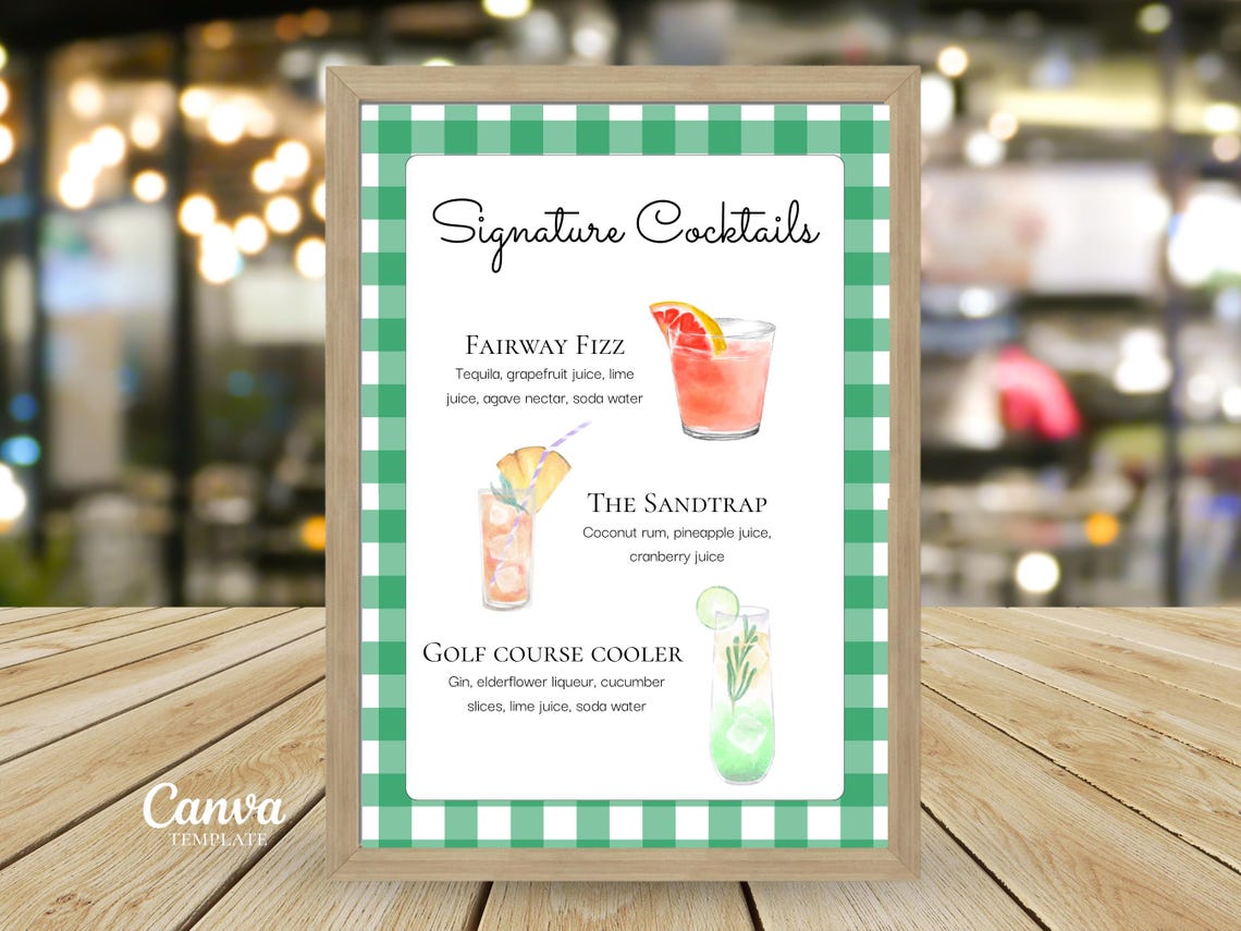 Golf Themed Cocktail Sign | Printable Signature Drinks Menu | Editable ...