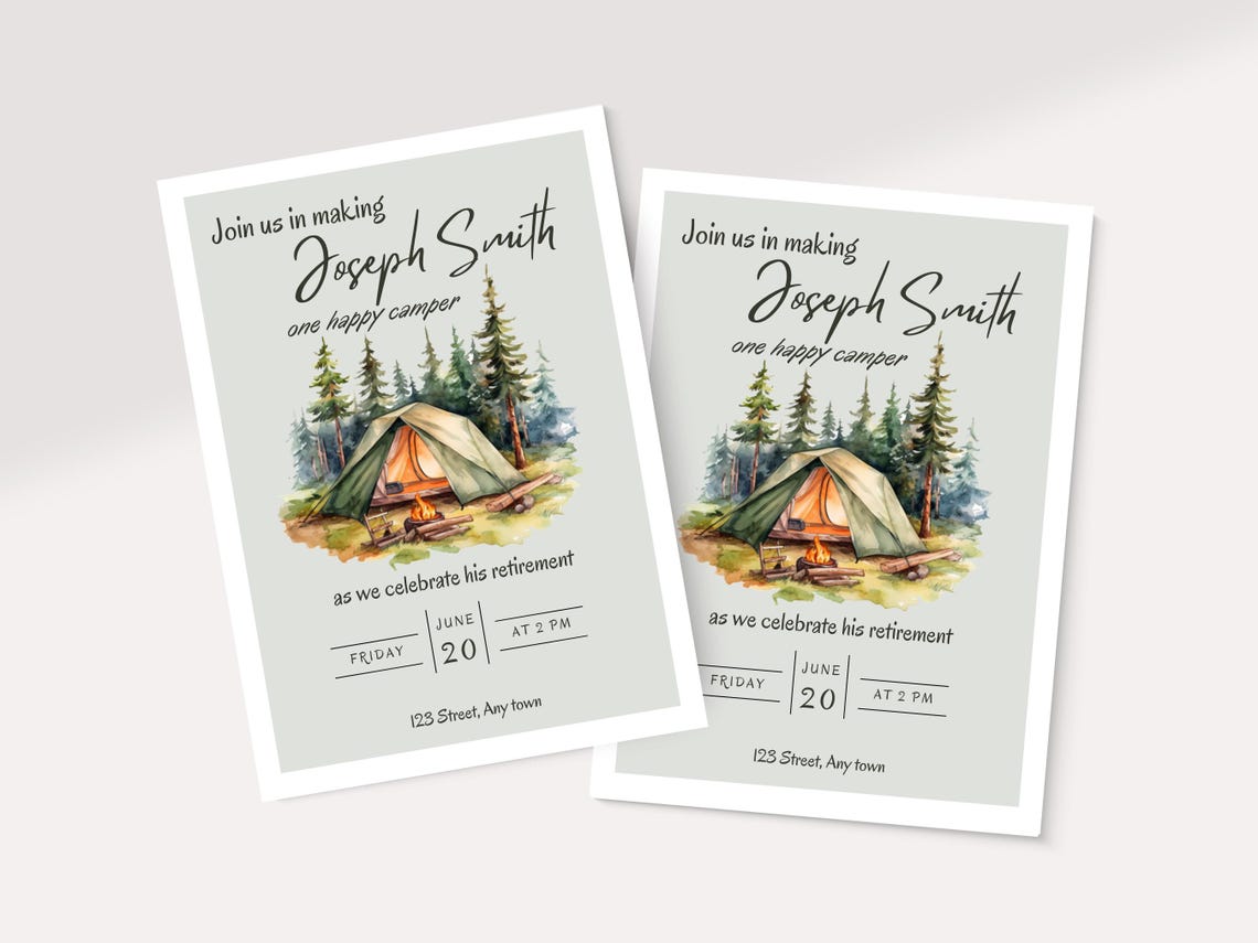 Printable Camping Retirement Custom Invitation Template | Happy Camper ...