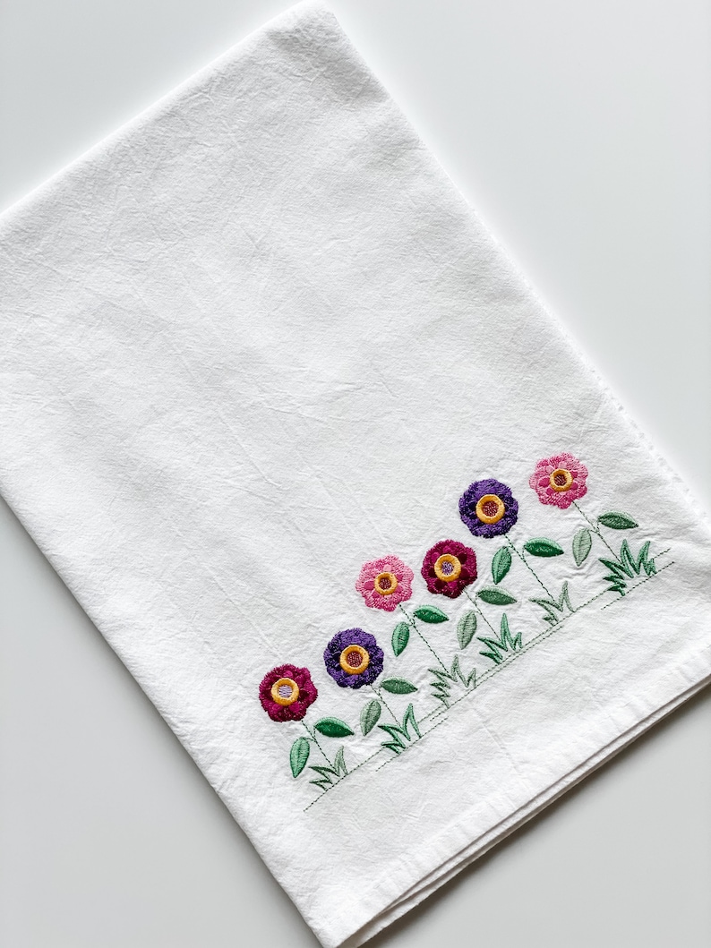 Embroidered Kitchen Towel Pretty Petunias Flower Towel | Etsy