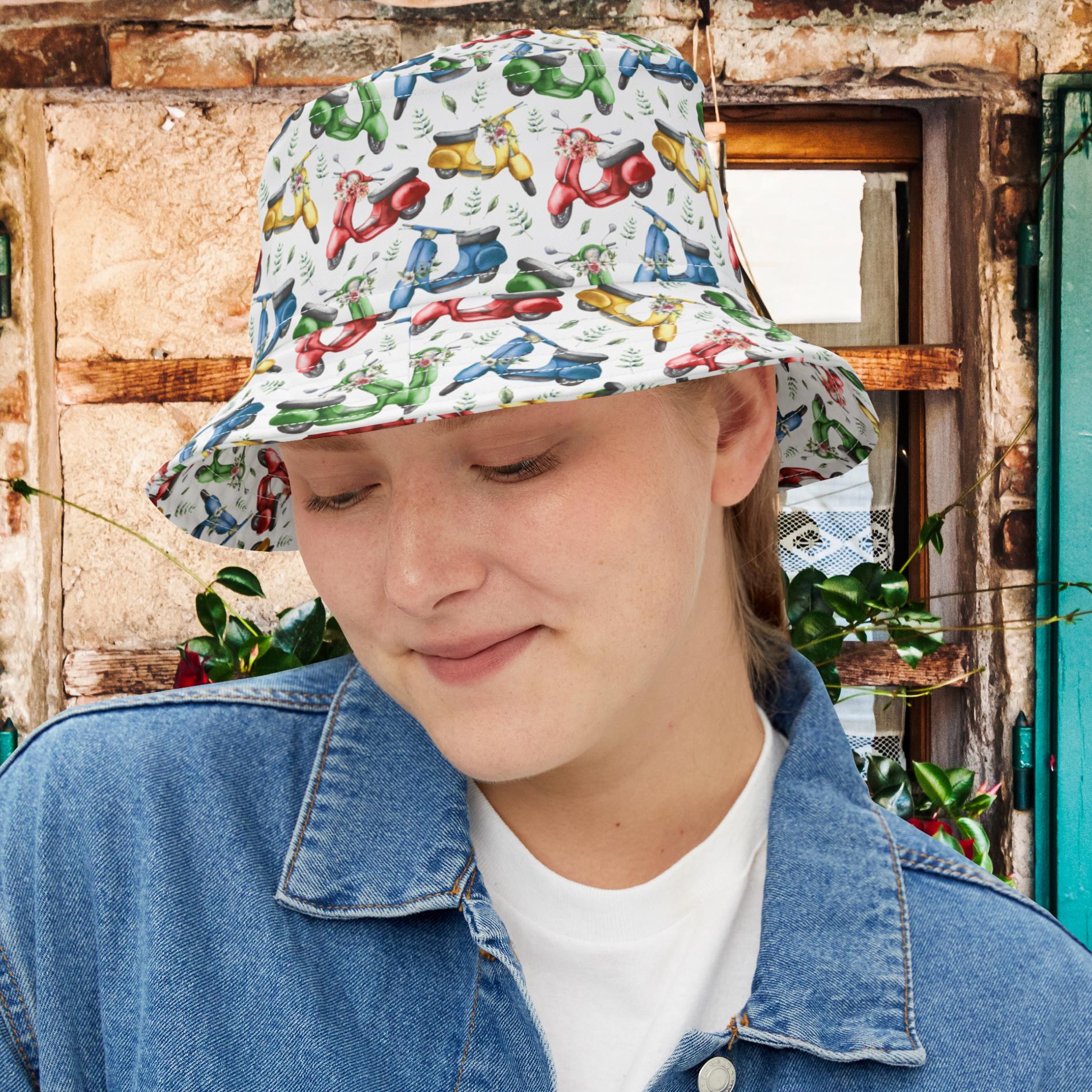 Funny Bucket Hat Retro Scooter Design Hat Vintage Rainbow Street Style ...