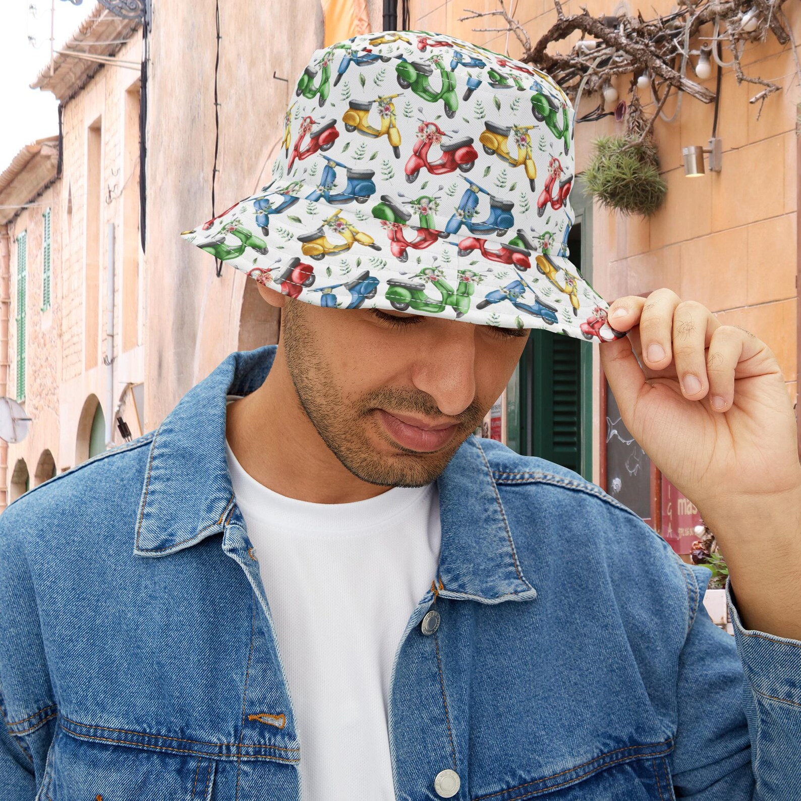 Funny Bucket Hat Retro Scooter Design Hat Vintage Rainbow Street Style ...