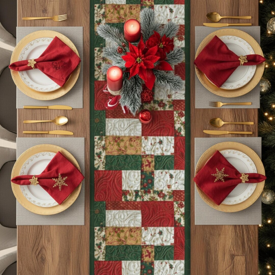 Velvet Table Runners | Red & Gold Patchwork Quilt Pattern Design Runner ...
