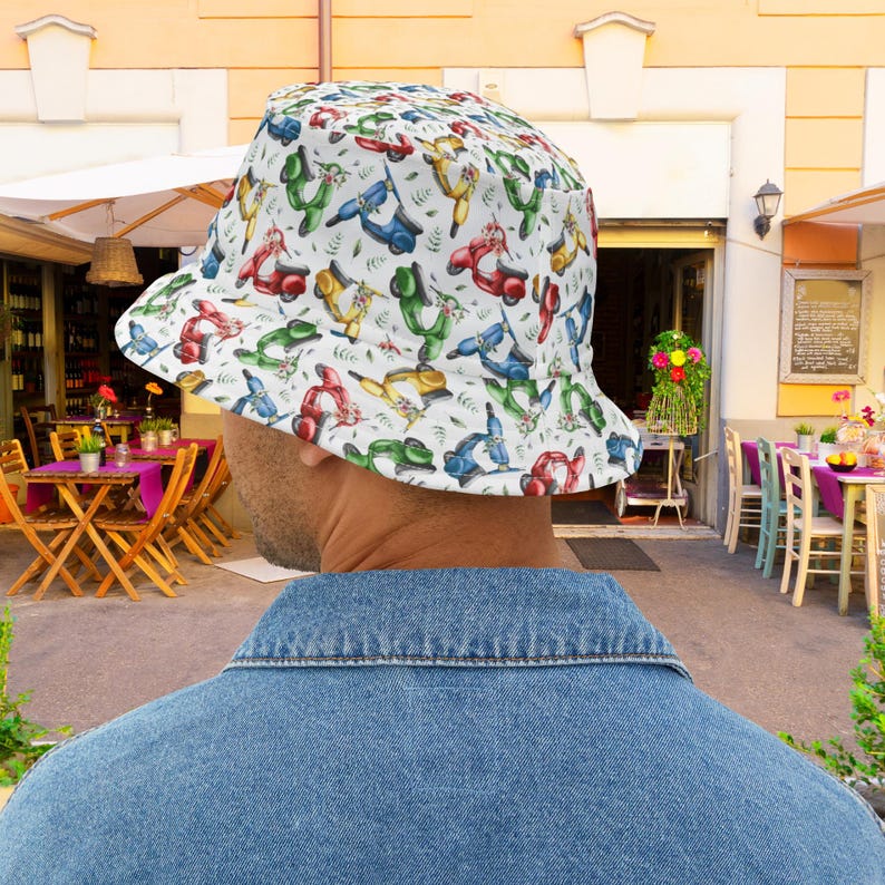 Funny Bucket Hat Retro Scooter Design Hat Vintage Rainbow Street Style ...