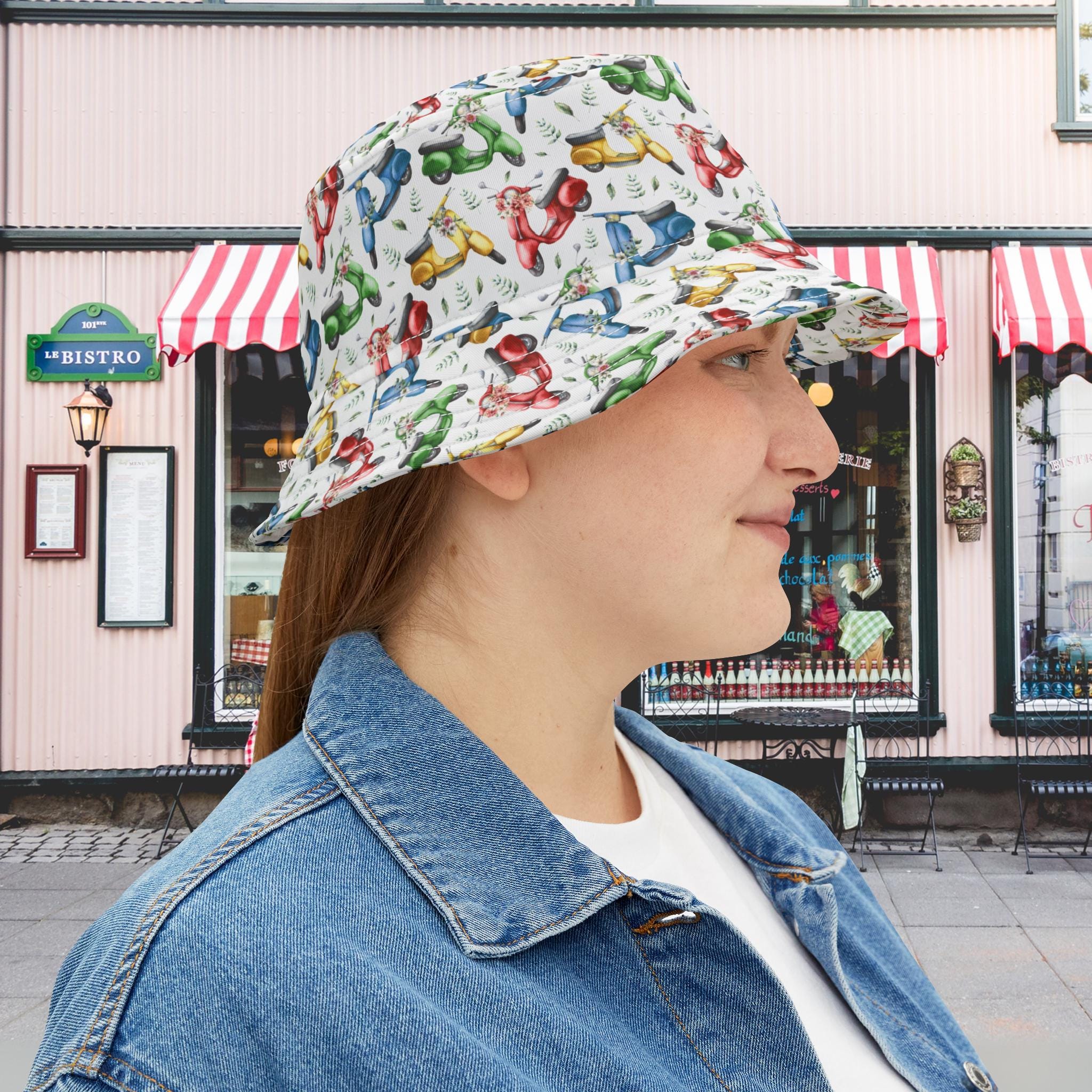 Funny Bucket Hat Retro Scooter Design Hat Vintage Rainbow Street Style ...