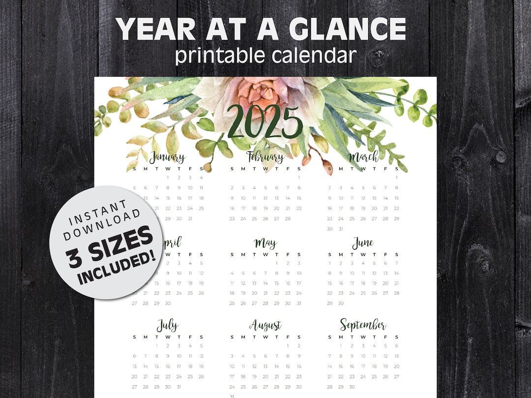 2025 Yearly Calendar at a Glance | Succulents & Cactus | Printable ...