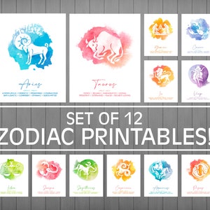 Zodiac Art Prints Set of 12 Watercolor Astrology Personality Signs - Etsy