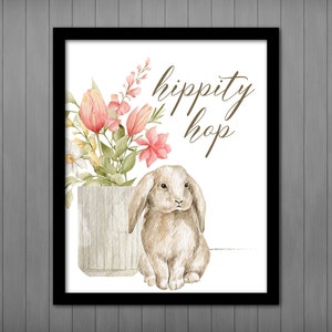 Hippity Hop Rabbit Printable Sign, Watercolor Wall Art, Easter Bunny ...