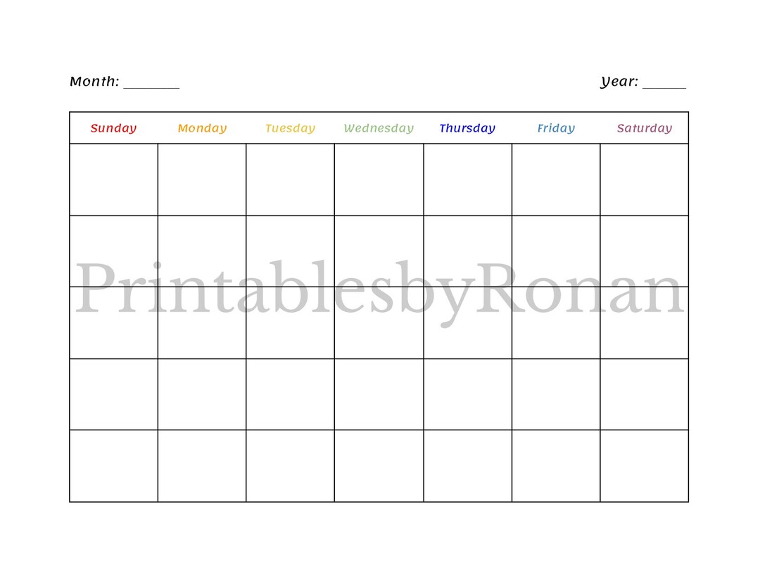 Printable Blank Calendar Colorful Minimalistic Instant Download - Etsy